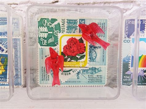 Small Art Shadow Boxes Mini Assemblage Collage Art Postage Stamp Art