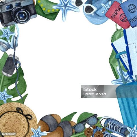 여름 천 야자수 잎 모자 수하물 및 선글라스가있는 수채화 여행 프레임 디자인 템플릿 손으로 그린 그림 여름 여행 휴일 배경 텍스트를위한 공간 개념에 대한 스톡 벡터 아트 및