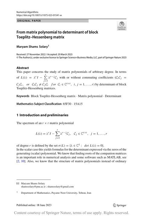 from matrix polynomial to determinant of block toeplitz hessenberg