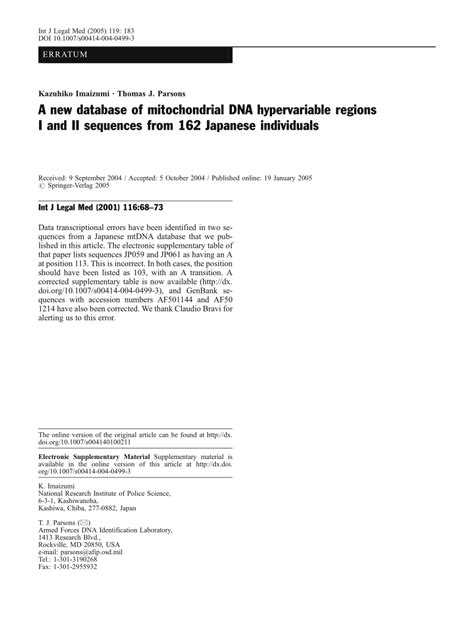 Pdf A New Database Of Mitochondrial Dna Hypervariable Regions I And