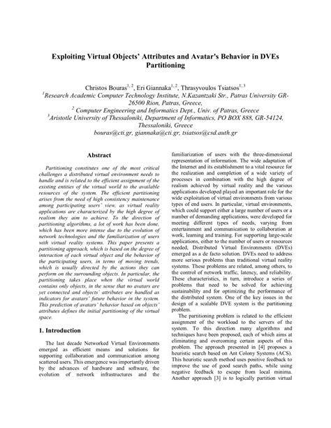 Pdf Exploiting Virtual Objects Attributes And Avatars Behavior In Dves Partitioning