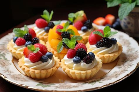 A Plate Of Fresh Fruit Tartlets With Pastry Cream Stock Illustration