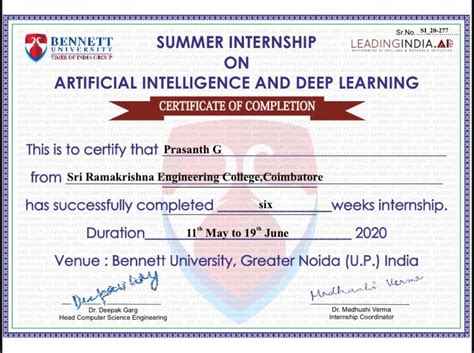 Prasanth Gururaj On Linkedin Certificate For Summer Internship On Artificial And Deep Learning