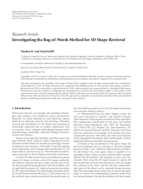 Pdf Bag Of Words Method In 3d Shape Retrieval And Analysis