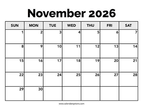 Calendar November 2026 Calendar Options