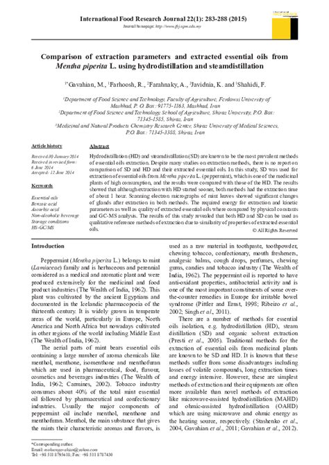 Pdf Comparison Of Extraction Parameters And Extracted Essential Oils From Mentha Piperita L