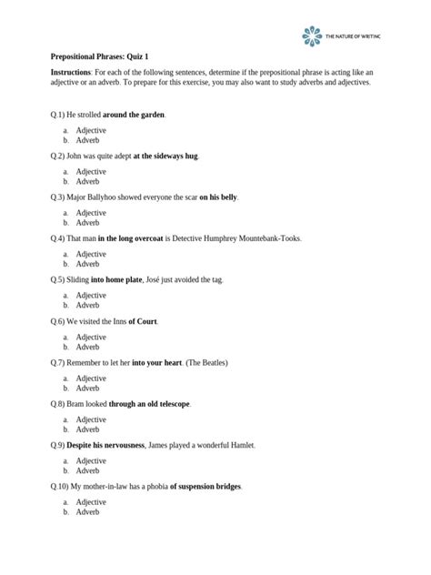 Prepositional Phrases Quiz 1 Pdf Adverb Verb