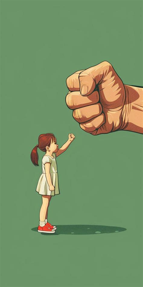 어린 소녀가 주먹을 내밀며 거대한 주먹과 부딪히는 초록색 배경의 미니멀한 선 그림입니다 MusesAI io