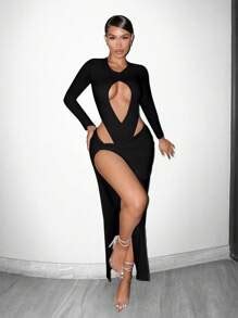 SHEIN SXY Sexy Hollow Out Bodysuit With Twist Knot And High Slit Skirt Two Pieces Set SHEIN USA