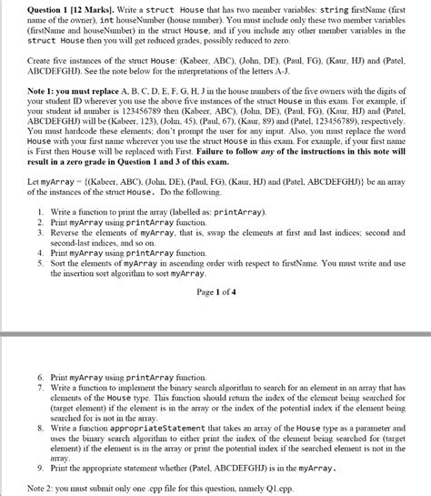 Solved Question 1 12 Marks Write A Struct House That Has