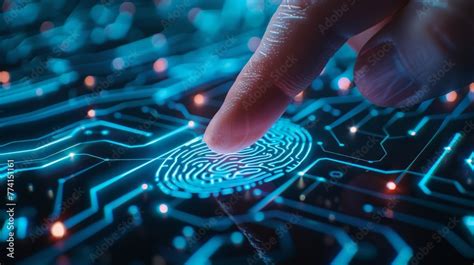 Digitally Enhanced Fingerprint Scanning A Human Fingertip Engages With A High Tech Fingerprint