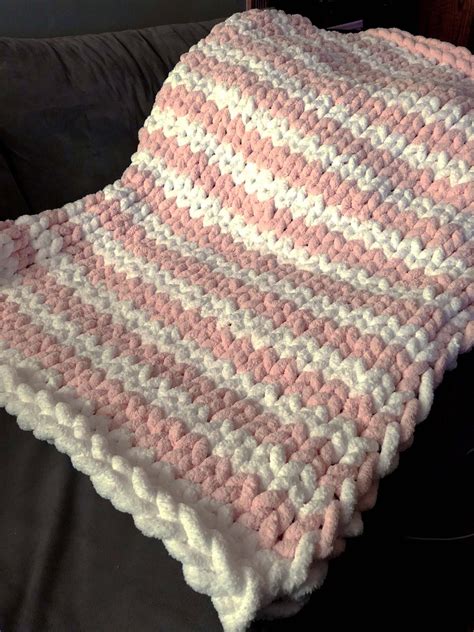 Chunky Hand Knit Blanket ~ Pink And White Striped Knit Throw ~ Chunky