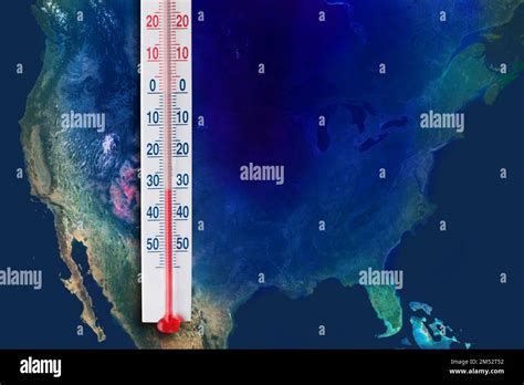 Thermometer With Record Low Temperature Map Diagram Against The Backdrop Of The Continent Of