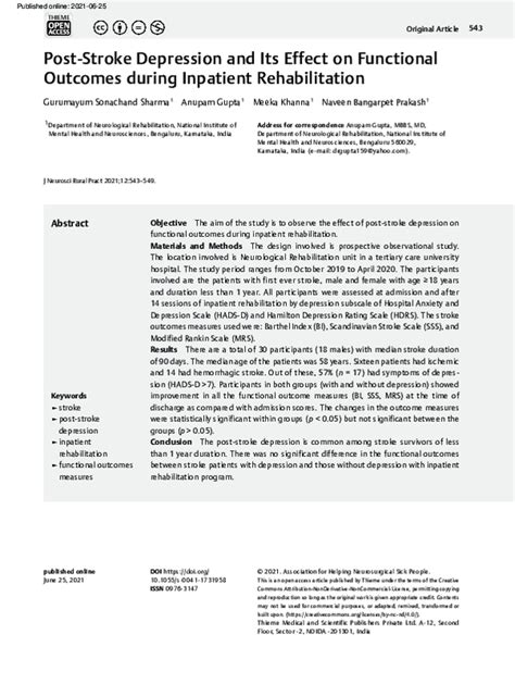 Pdf Post Stroke Depression And Its Effect On Functional Outcomes