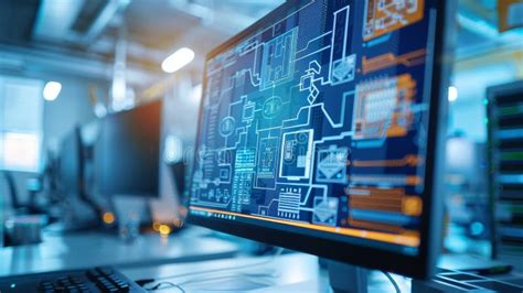Cad Software Interface With A Digital Electronic Diagram Of A Circuit Motherboard Being Designed
