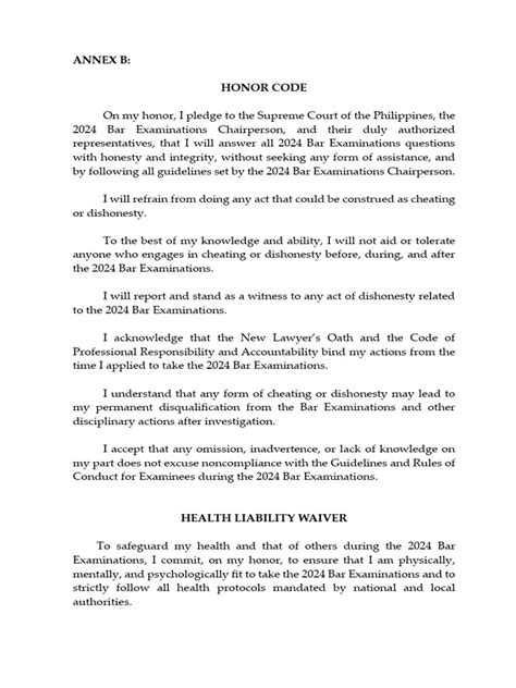 2024 Bar Exam Honor Code And Waiver Pdf Indemnity Closed Circuit