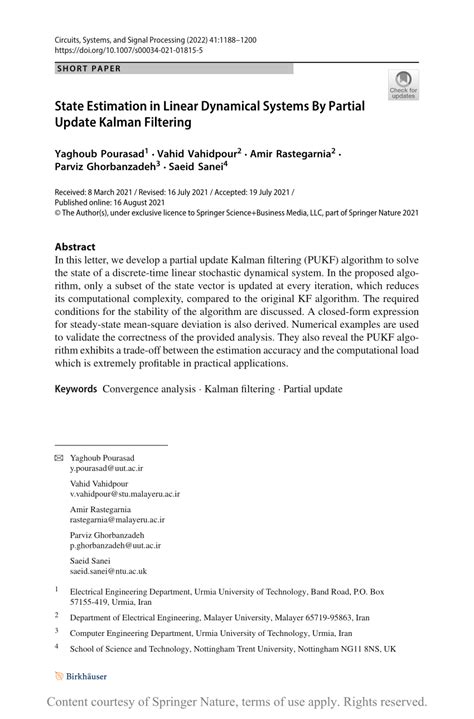 State Estimation In Linear Dynamical Systems By Partial Update Kalman Filtering Request Pdf