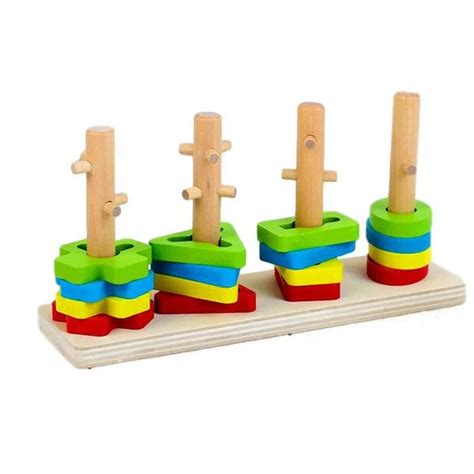 Wooden Four Set Of Geometric Shapes Sorting Columns Mgt Toys
