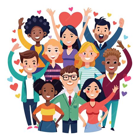 Diverso Grupo De Personas De Dibujos Animados Felices Sonriendo Levantando Las Manos Con