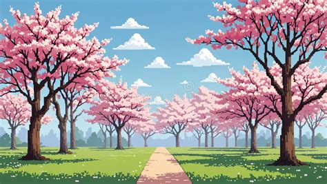 Sakura Pixel Paradise Tranquil Cherry Blossom Trees Stock Illustration