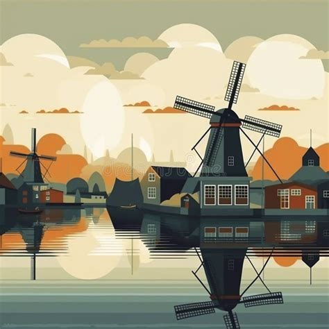 Typical Dutch Landscape With A Dutch Traditional Windmill In The Centre Of The Illustration