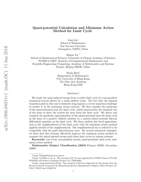 [pdf] Quasi Potential Calculation And Minimum Action Method For Limit Cycle