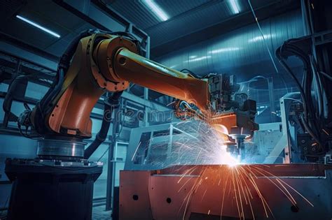 Robot Welding Piece Of Metal In Futuristic Factory Setting Stock Illustration Illustration Of