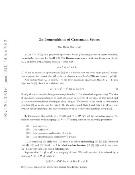 Pdf On Isomorphisms Of Grassmann Spaces