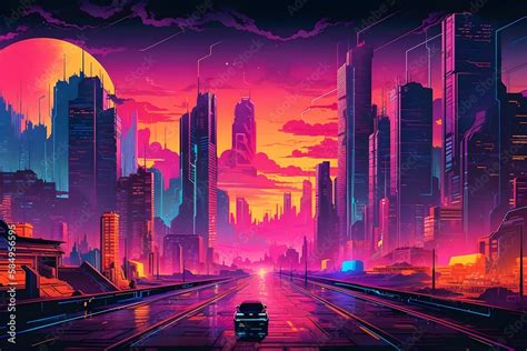 Beautiful Cyberpunk Cityscape With A Sunset Glitchy Animation Style Beautiful Cyberpunk Cityscape With A Sunset Glitchy Animation Style