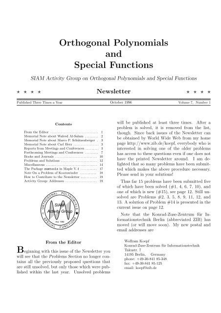 orthogonal polynomials and special functions