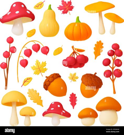 Autumn 3d Elements Falls Leaves Decorative Nature Objects Mushrooms