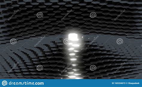 black hexagonal array with one glowing element in center 3d render