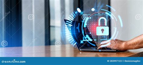 Man Hands Typing On Laptop In Office With Lock Cybersecurity Hologram Stock Image Image Of