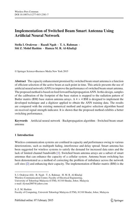 PDF Implementation Of Switched Beam Smart Antenna Using Artificial Neural Network