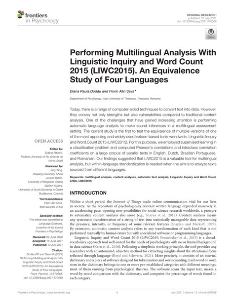 Pdf Performing Multilingual Analysis With Linguistic Inquiry And Word