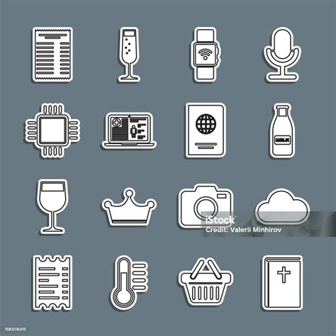 라인 성경 책 구름 유리 병 우유 및 모자 무선 의료 임상 기록 프로세서 Cpu 종이 재정 확인 및 여권 아이콘이있는 스마트 워치를 설정합니다 벡터 건강관리와 의술에 대한