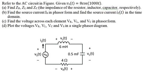 solved refer to the ac circuit in figure given vs t 8cos 1000t a find zr zl and zc