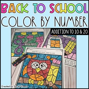 Back To School Color By Number For Addition To 10 And 20 Tpt