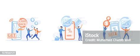 온라인 캐쉬백 또는 돈 환불 개념 온라인 뱅킹 돈 절약 바우처 및 할인 받기 보상 프로그램 플랫 벡터 현대 일러스트레이션 설정 개념에 대한 스톡 벡터 아트 및 기타 이미지