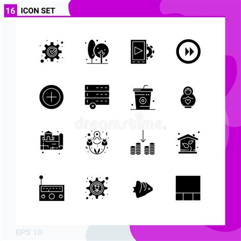 Set Of 16 Vector Solid Glyphs On Grid For Money Player Plant Multimedia Forward Stock Vector