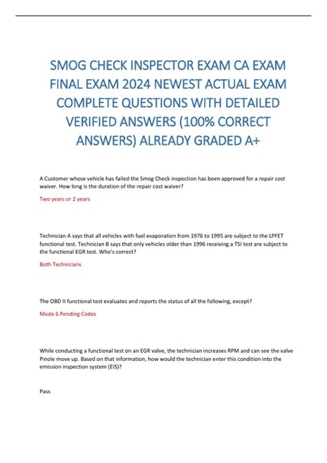 SMOG CHECK INSPECTOR EXAM CA EXAM FINAL EXAM 2025 NEWEST ACTUAL EXAM COMPLETE QUESTIONS WITH ...