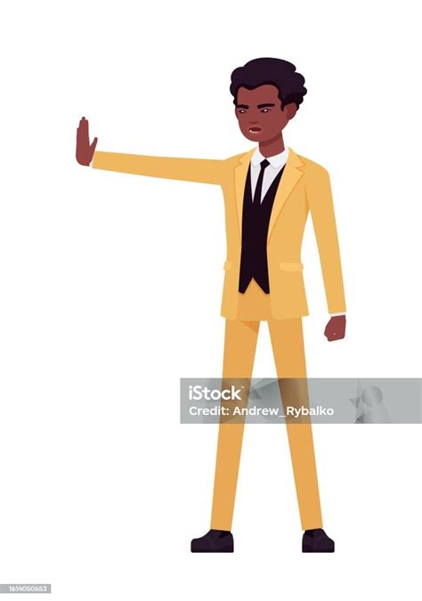 아프리카계 미국인 노란 양복 남자 코미디언 컨설턴트 스탠딩 스톱 포즈 Performing Arts Event에 대한 스톡 벡터