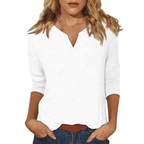 Dengdeng Three Quarter Length Sleeve Tops For Women Loose Fit Casual V
