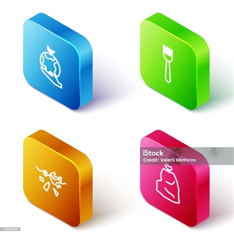 등각 투영 선 지구 지구본 일회용 플라스틱 포크 오염 행성 문제 및 쓰레기 봉투 아이콘을 들고 있습니다 벡터 3차원 형태에 대한 스톡 벡터 아트 및 기타 이미지 Istock