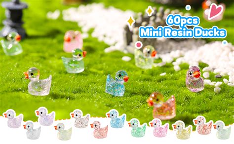 Hakfoo 60 Pcs Glitter Mini Resin Ducks Tiny Ducks Miniature