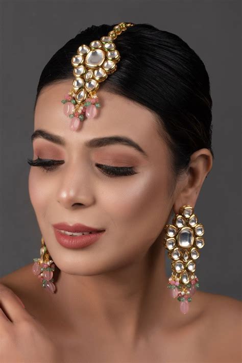 Classic Pink Beaded Gold Tone Kundan Inspired Maang Tikka With Earrings