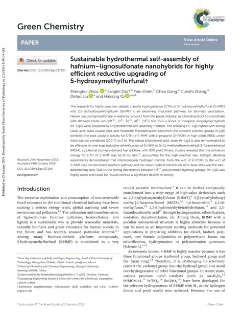 Pdf Sustainable Hydrothermal Self Assembly Of Hafnium Lignosulfonate