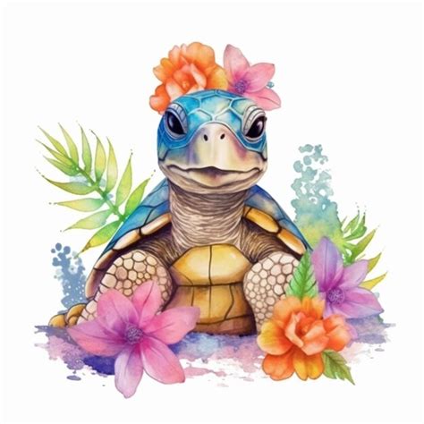 Premium Ai Image A Turtle With A Flower Crown And Goggles Sits On The