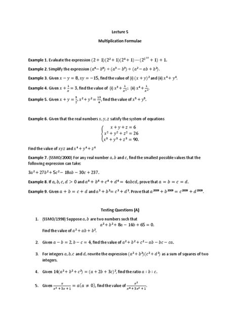 Lecture 5 Multiplication Formulae 2 Pdf Ratio Abstract Algebra