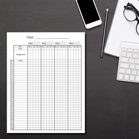 Class Grade Tracker Letter Sized 6 Colors Digital Download Print At